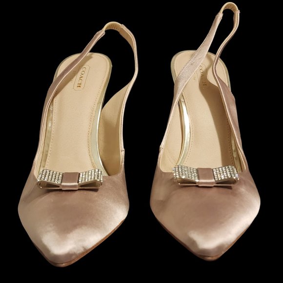Coach | Shoes | Coach Tan Satin Slingback Heels Size 1b | Poshmark